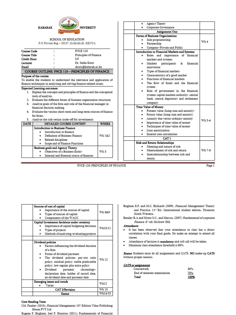 Principles of Finance Course Outline | PDF | Time Value Of Money ...