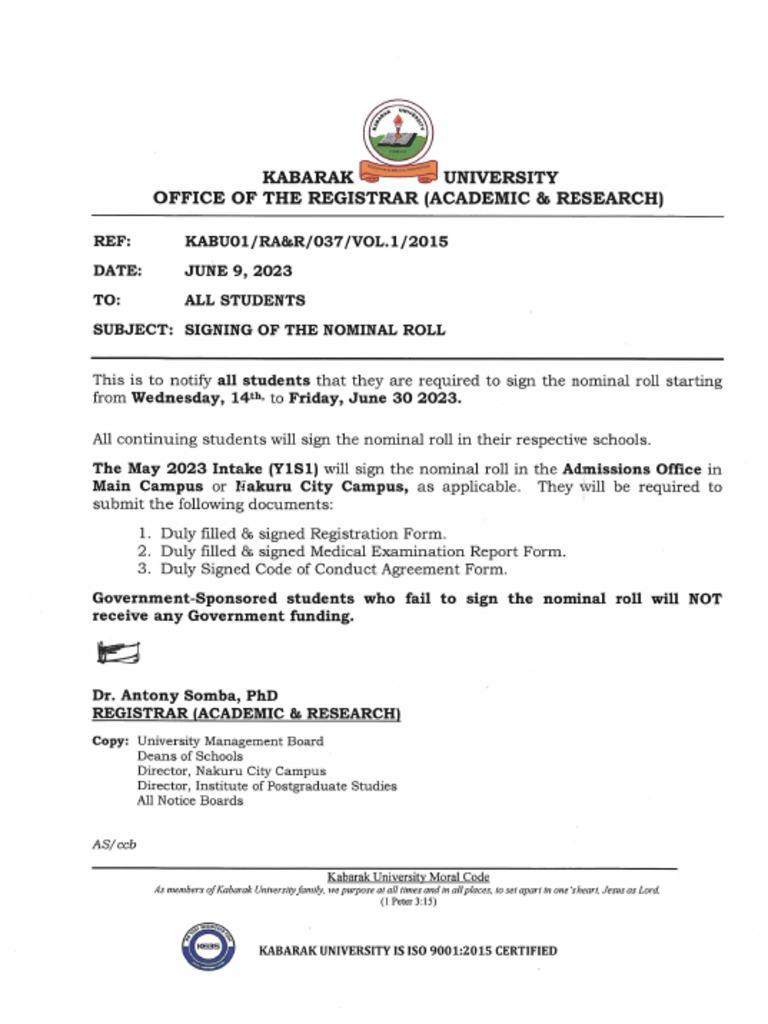 Signing of Nominal Roll | PDF