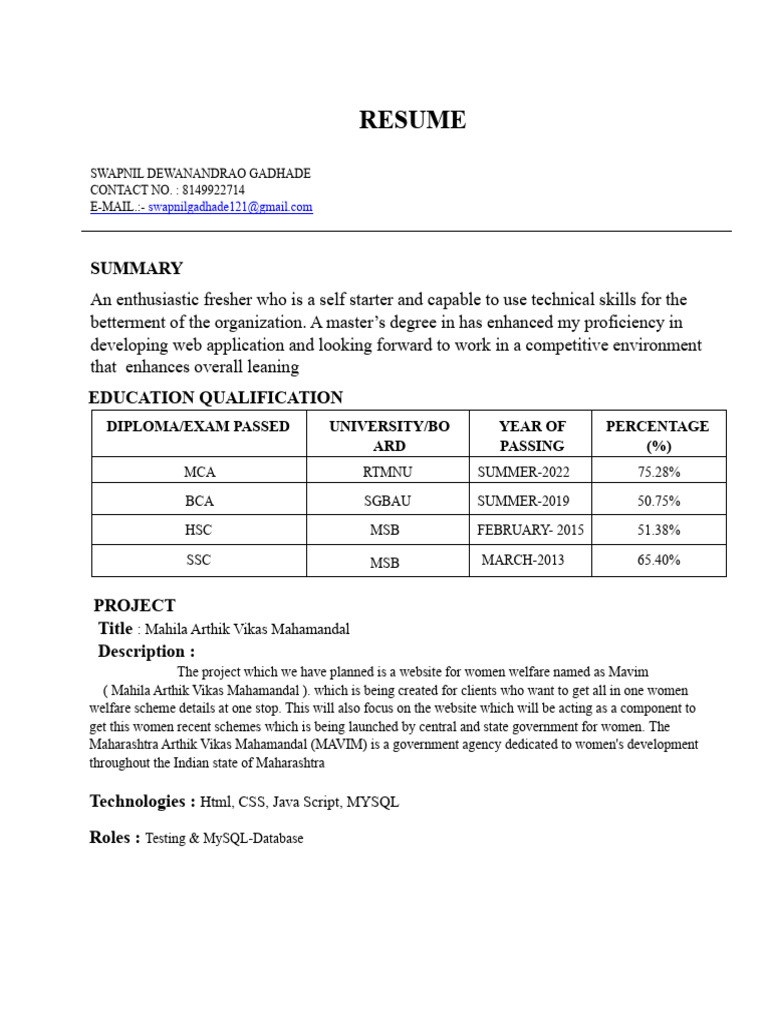 Resume: Diploma/Exam Passed University/Bo ARD Year of Passing Percentage (%) | PDF | Software ...