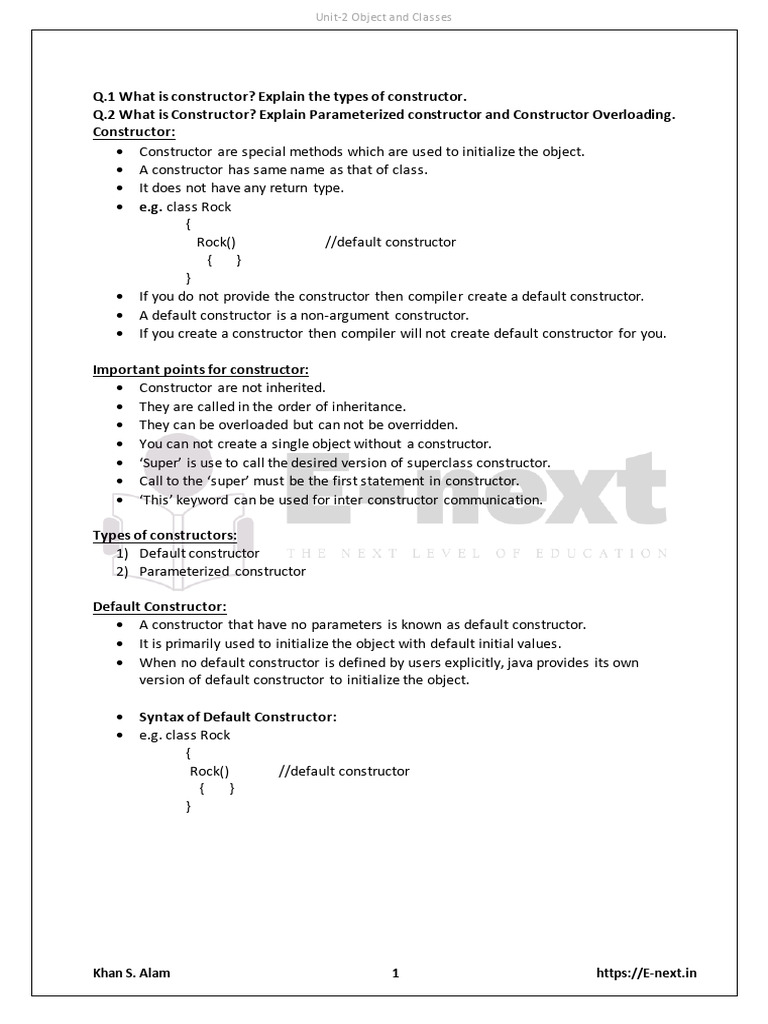 Unit-2 Objects and Classes (E-Next - In) | PDF | Constructor (Object Oriented Programming ...