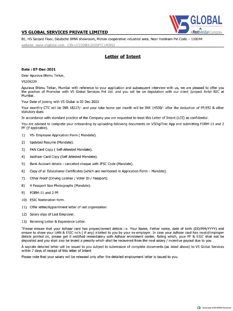 Letter of Intent | PDF