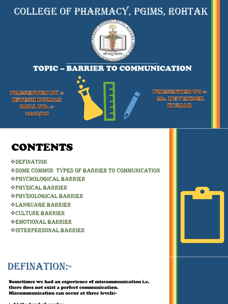 College of Pharmacy, Pgims, Rohtak: Topic - Barrier To Communication | PDF