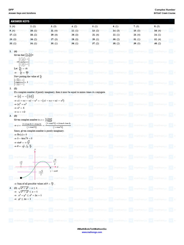 Solution DPP Complex Number BITSAT Crash Course MathonGo | PDF | Complex Number | Mathematical ...