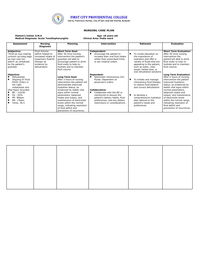 Fluid Deficit NCP | Download Free PDF | Dehydration | Intravenous Therapy