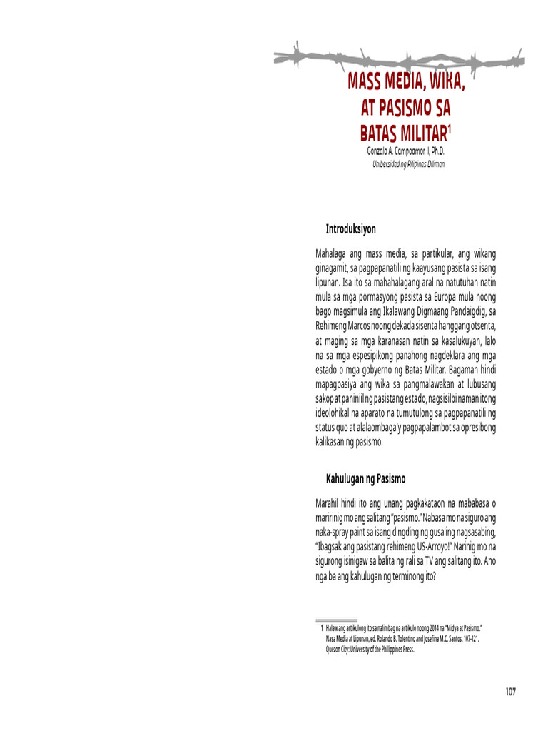 Mass Media, Wika, at Pasismo Sa Batas Militar | PDF