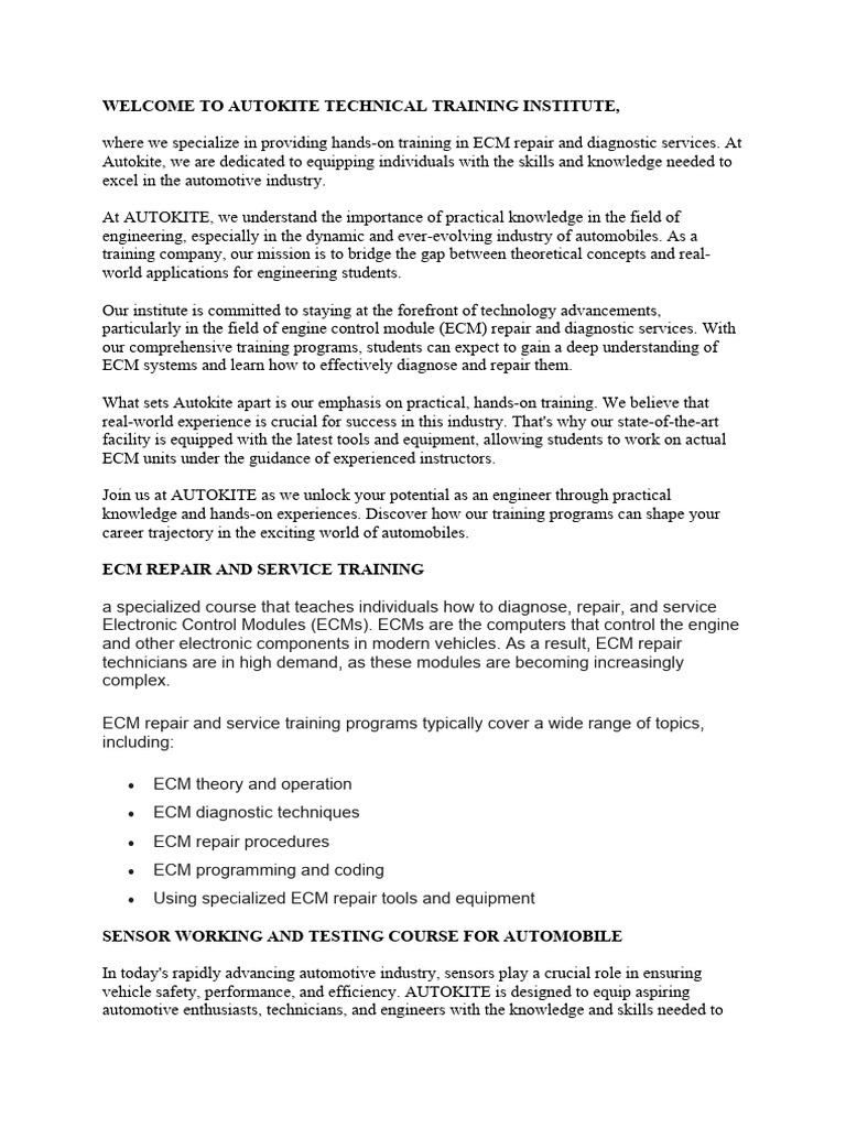 AUTOKITE TECHNICAL TRAINING INSTITUTE (AutoRecovered) | PDF | Computer Programming | Engineering