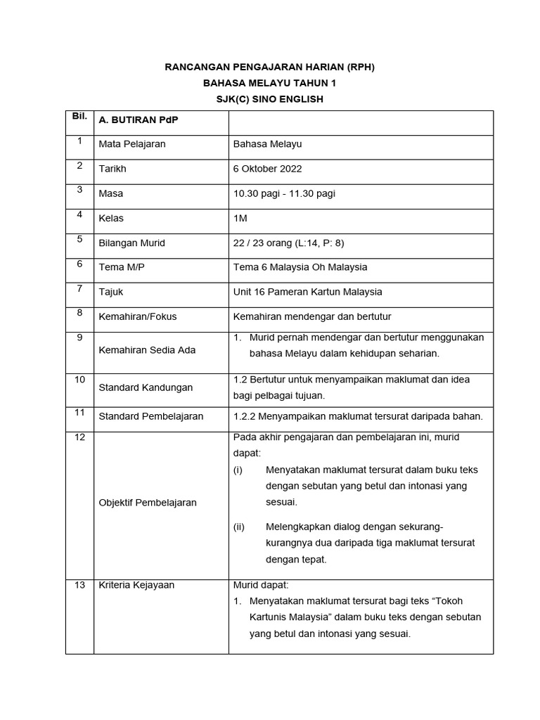 RPH BM Tahun 1 (M8 - 6 Oktober 2022) | PDF