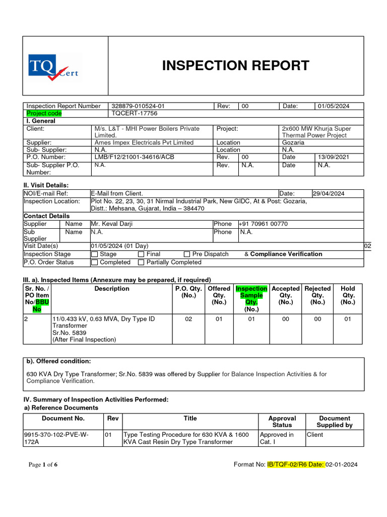 Power Project Inspection Report | PDF | Calibration | Transformer
