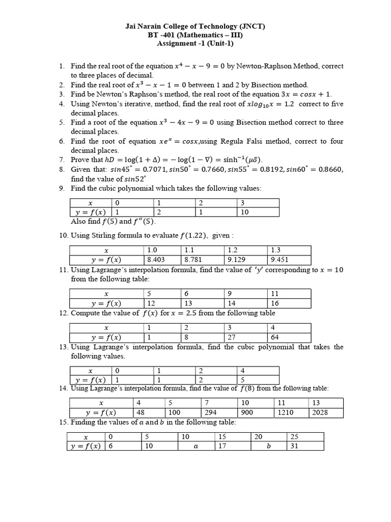 BT-401 Assignment-I | PDF | Zero Of A Function | Interpolation