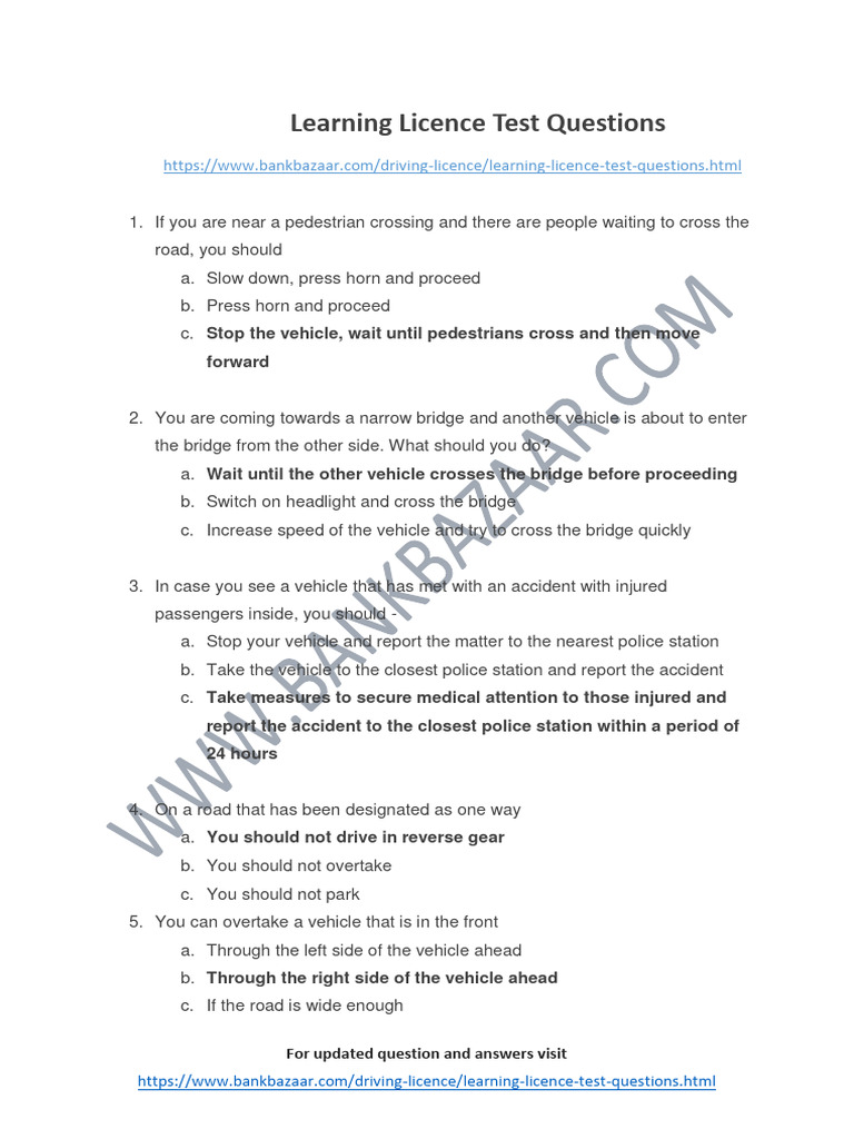 Learning Licence Test Questions With Answers | PDF | Traffic | Vehicles