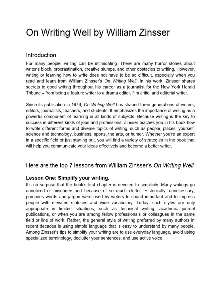 On Writing Well By William Zinsser Pdf Writing Thought