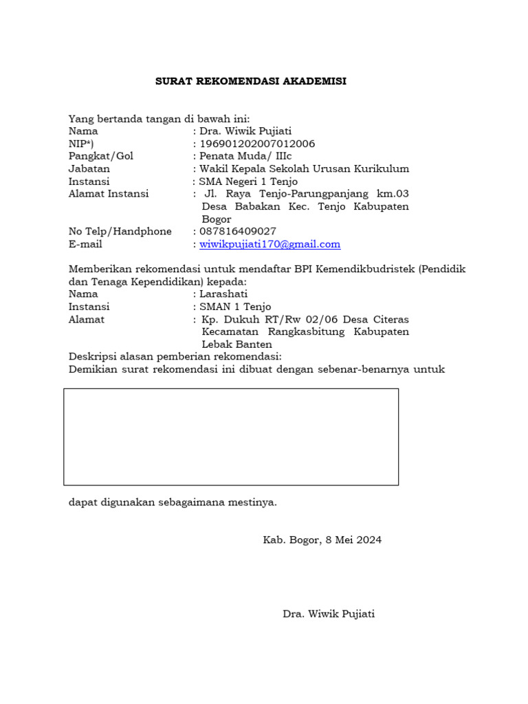 CONTOH SURAT_REKOMENDASI_AKADEMISI BEASISWA BPI | PDF