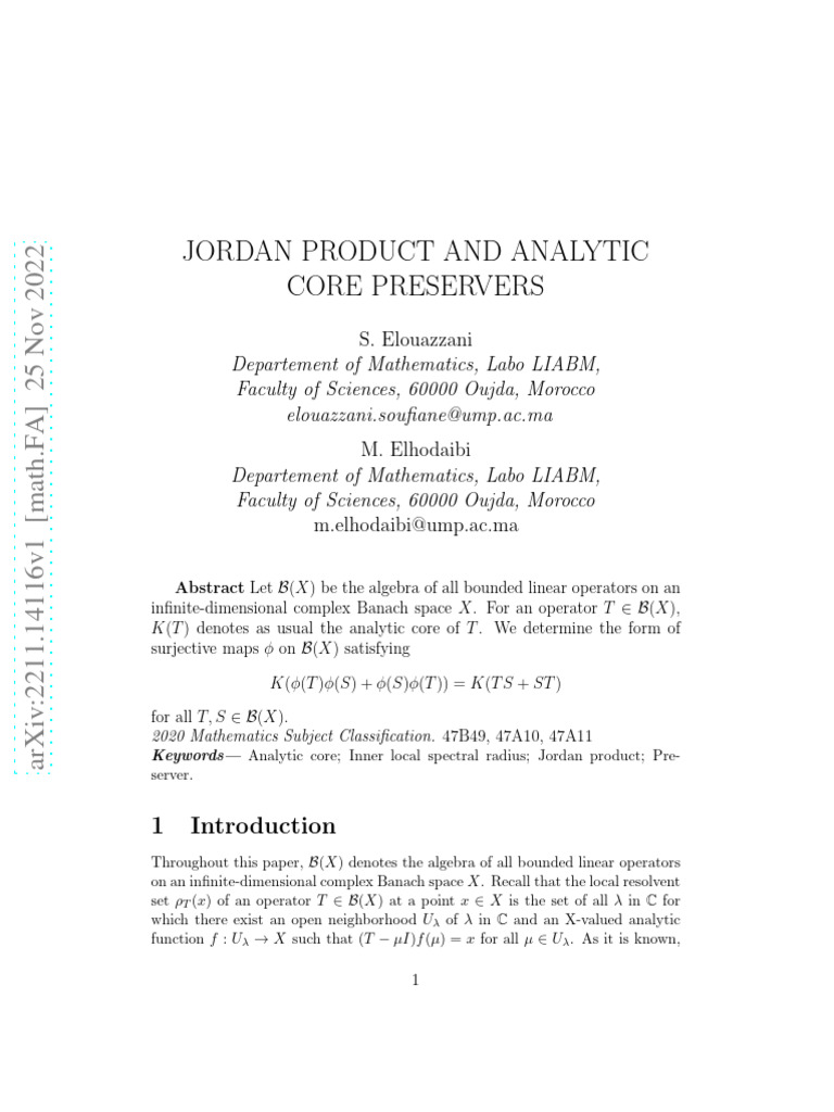 Jordan Product and Analytic Core Preservers | PDF | Linear Subspace | Linear Map