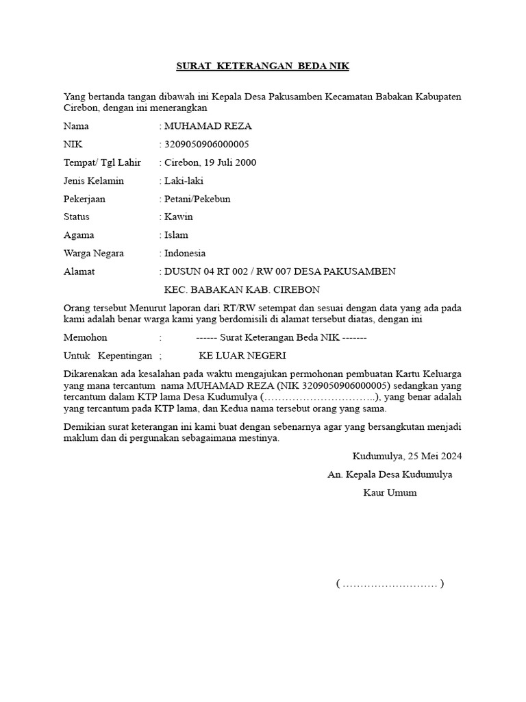 SURAT KETERANGAN BEDA NIK | PDF
