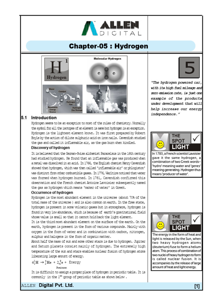 Chapter-5 - Hydrogen - Sheet Notes | PDF | Hydrogen | Sodium Hydroxide