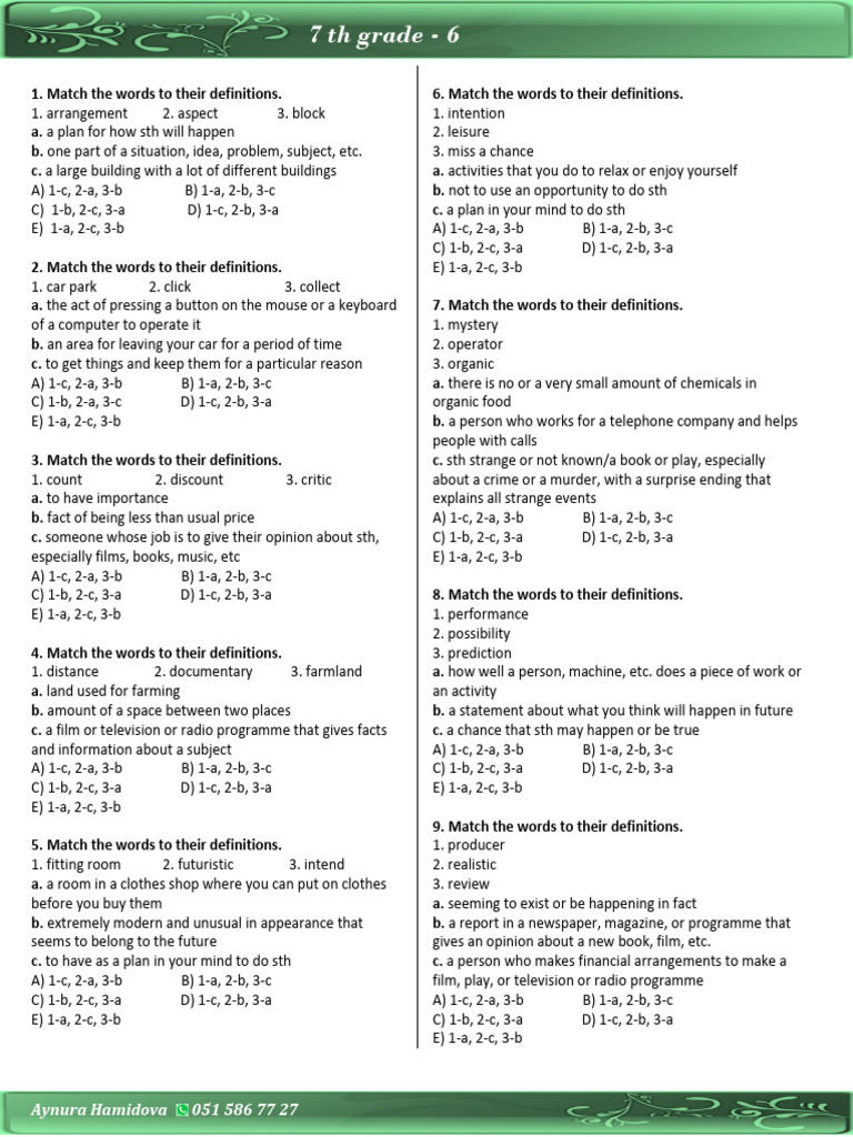 7 Ci Sinif WORD DEFINITION-6 | PDF | Teaching Methods & Materials