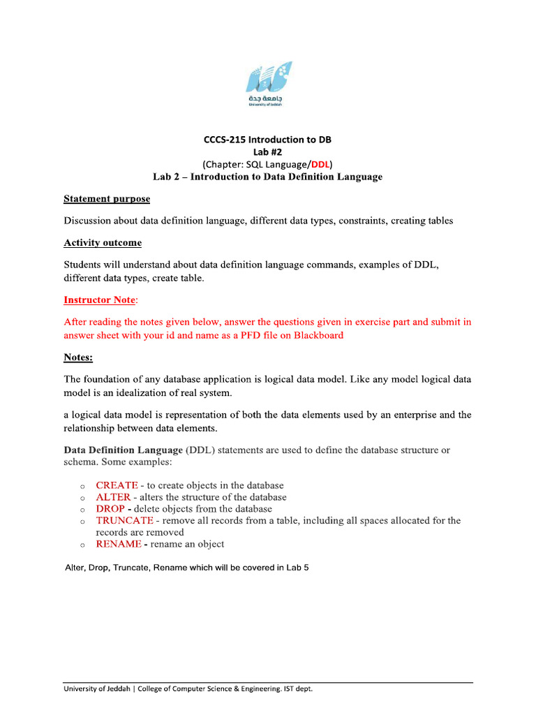 Lab2 - Introduction To Data Definition Language1 | PDF