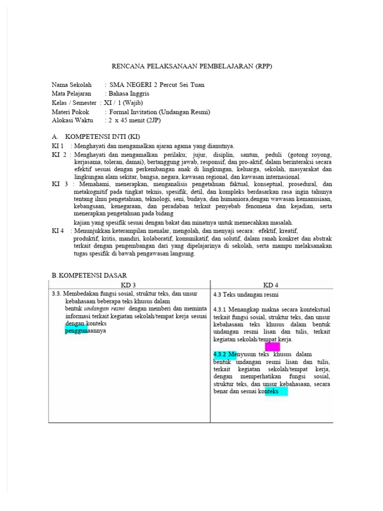 PDF RPP KD 33 Amp KD 43 Kls Xi Formal Invitation II Compress | PDF | Seni & Disiplin Bahasa