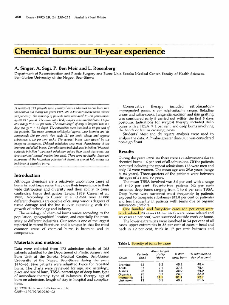 Chemical Burns: 10-Year Patient Review | PDF | Burn | Chemical Substances