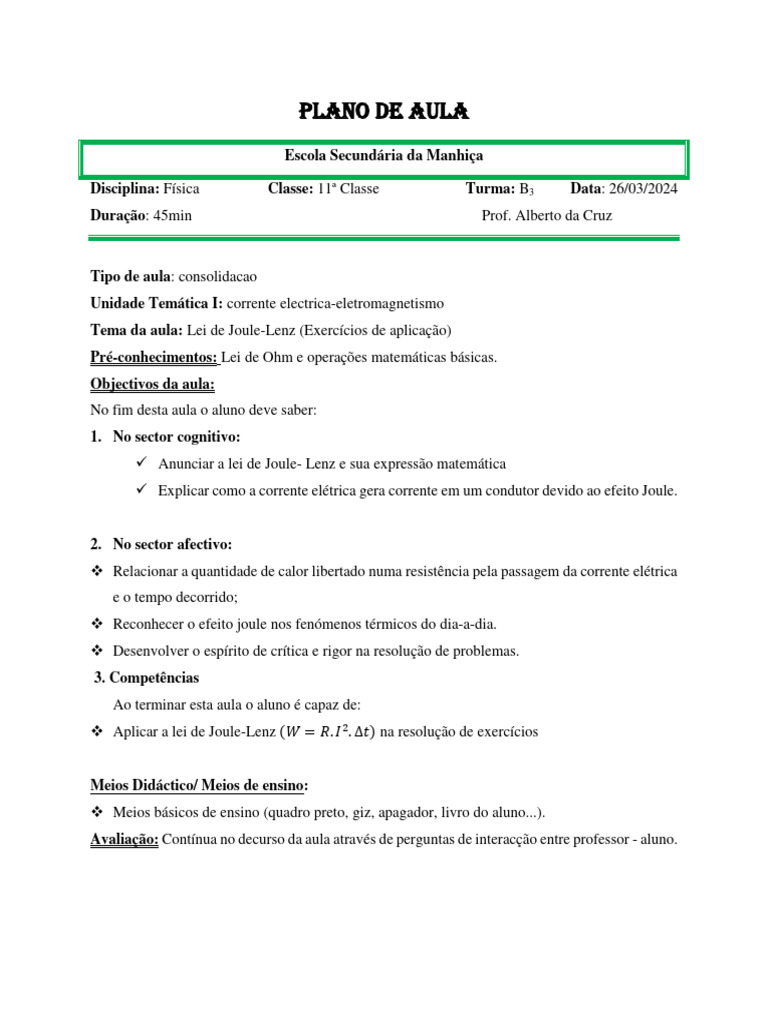 Aula sobre Lei de Joule-Lenz em Física | PDF | Corrente elétrica ...