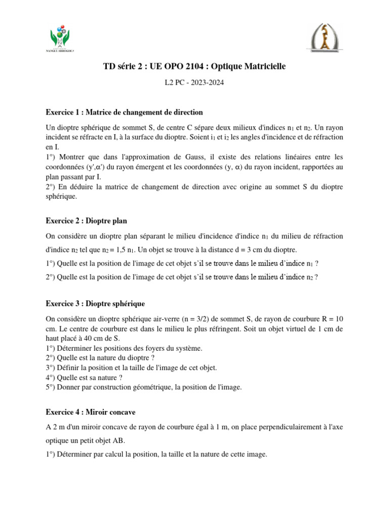 Exercices d'Optique Matricielle OPO 2023 | PDF | Optique | Radiation ...