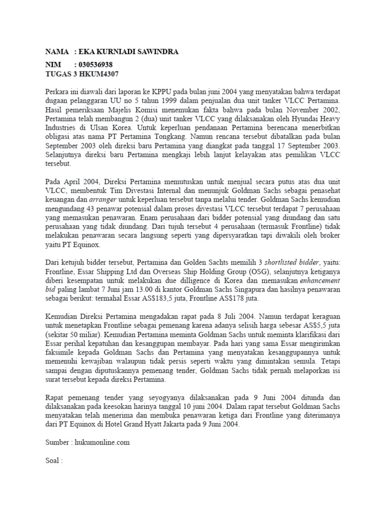 Tugas 3 Hukum Persaingan Usaha EKA | PDF | Bisnis | Hukum