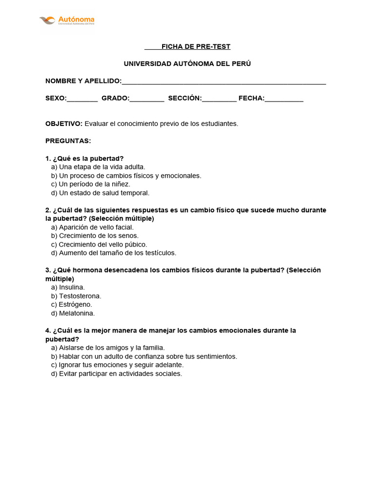 Pubertad - Pre y Post Test | PDF | Relaciones personales, crianza y ...