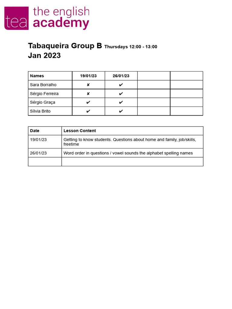 2023 Tabaqueira Group B Register | PDF | Linguistics | Linguistic Typology