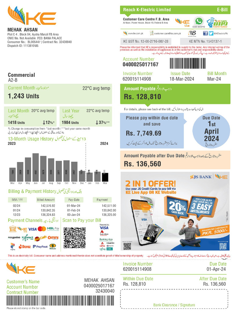 Kesc Bill - FB Branch - March2024 | PDF | Fee | Taxes