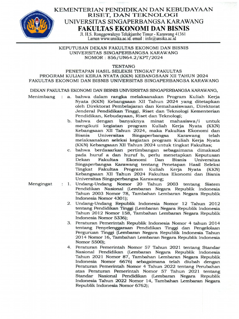 856 - SK Penetapan Hasil Seleksi Tingkat Fakultas KKN Kebangsaan XII Tahun 2024 FEB UNSIKA | PDF