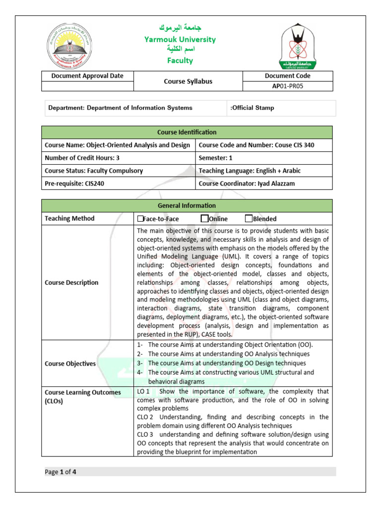 CourseSyllabus NewFormat CIS340 | PDF | Unified Modeling Language | Use Case