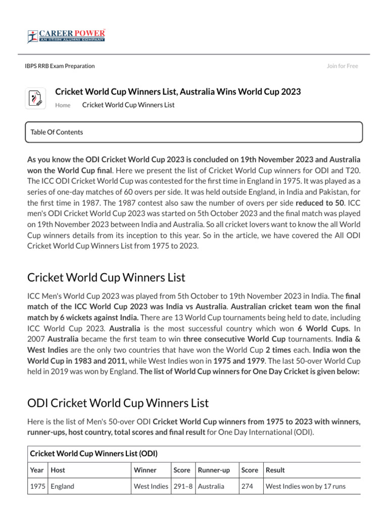ODI Cricket World Cup Winners 1975-2023 | PDF | Australia National ...