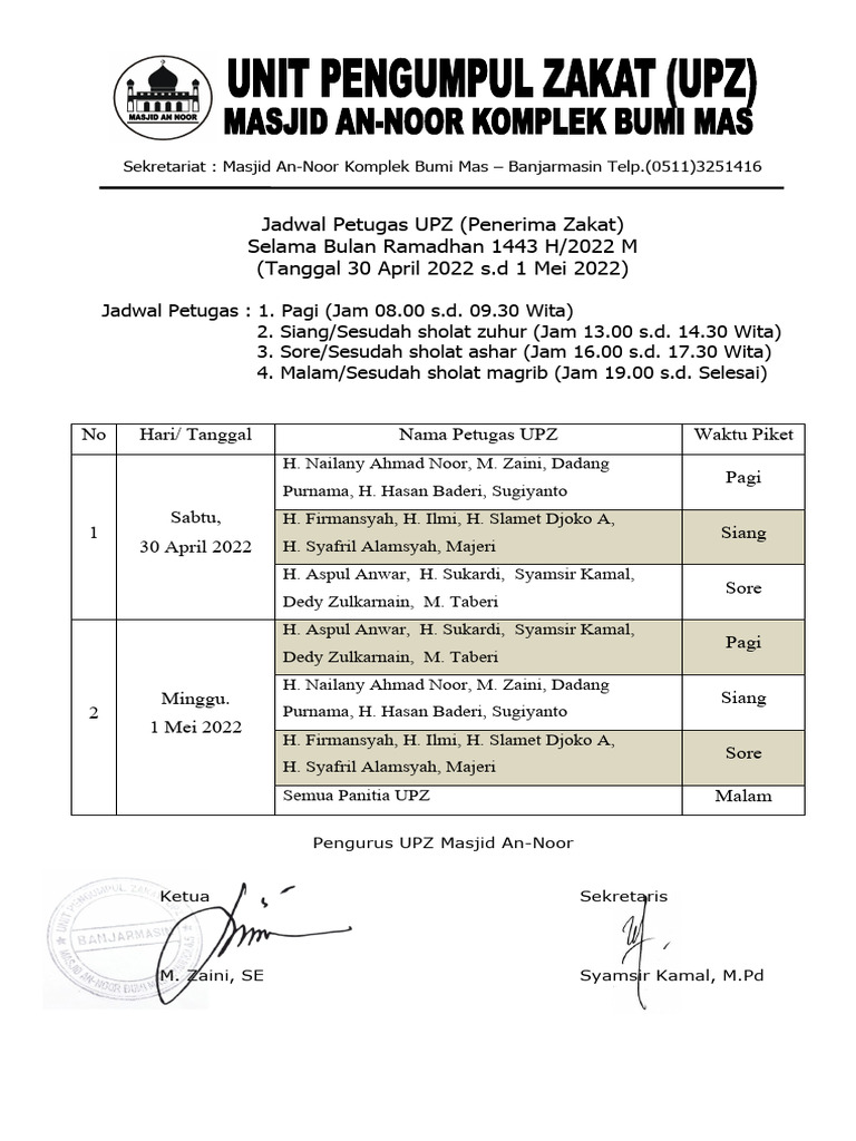 Jadwal Piket UPZ MASJID Annor 2022 | PDF