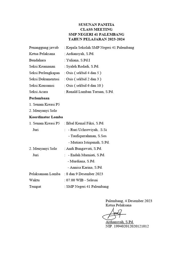 Susunan Panitia Class Meeting Pdf 