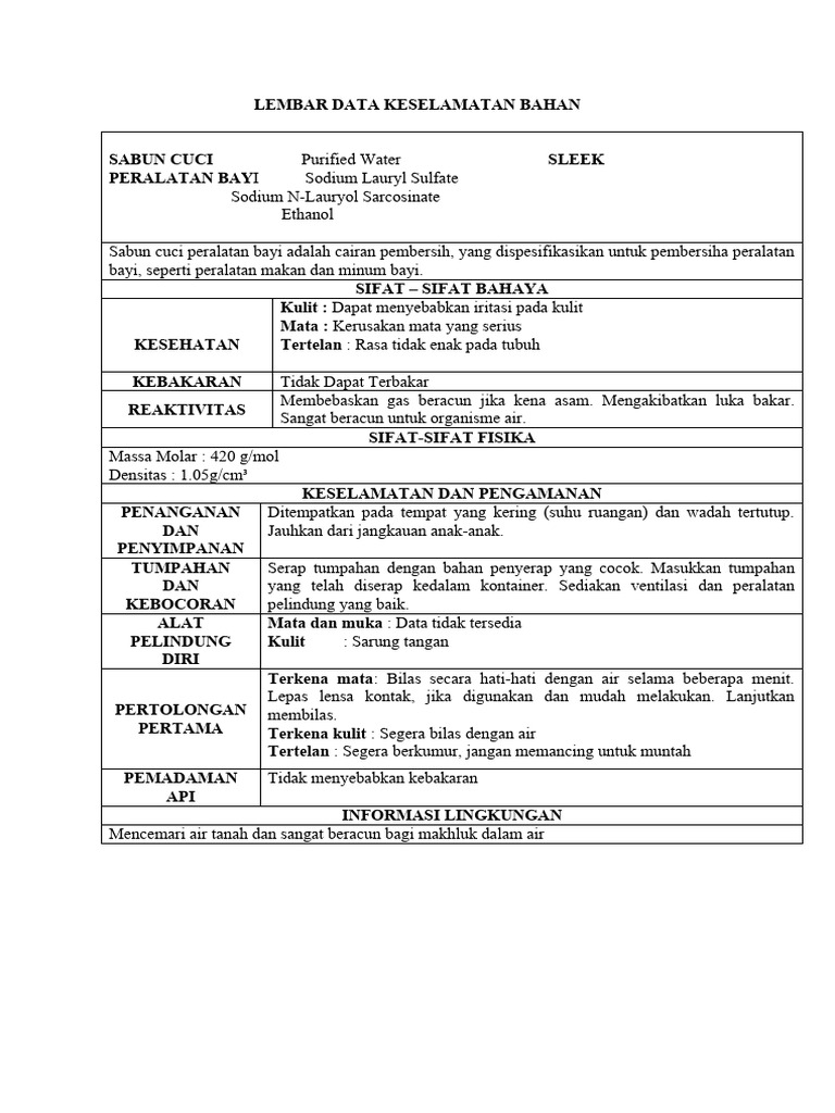 MSDS Sabun Cuci Peralatan Bayi Sleek | PDF | Kesehatan Holistik | Sains ...