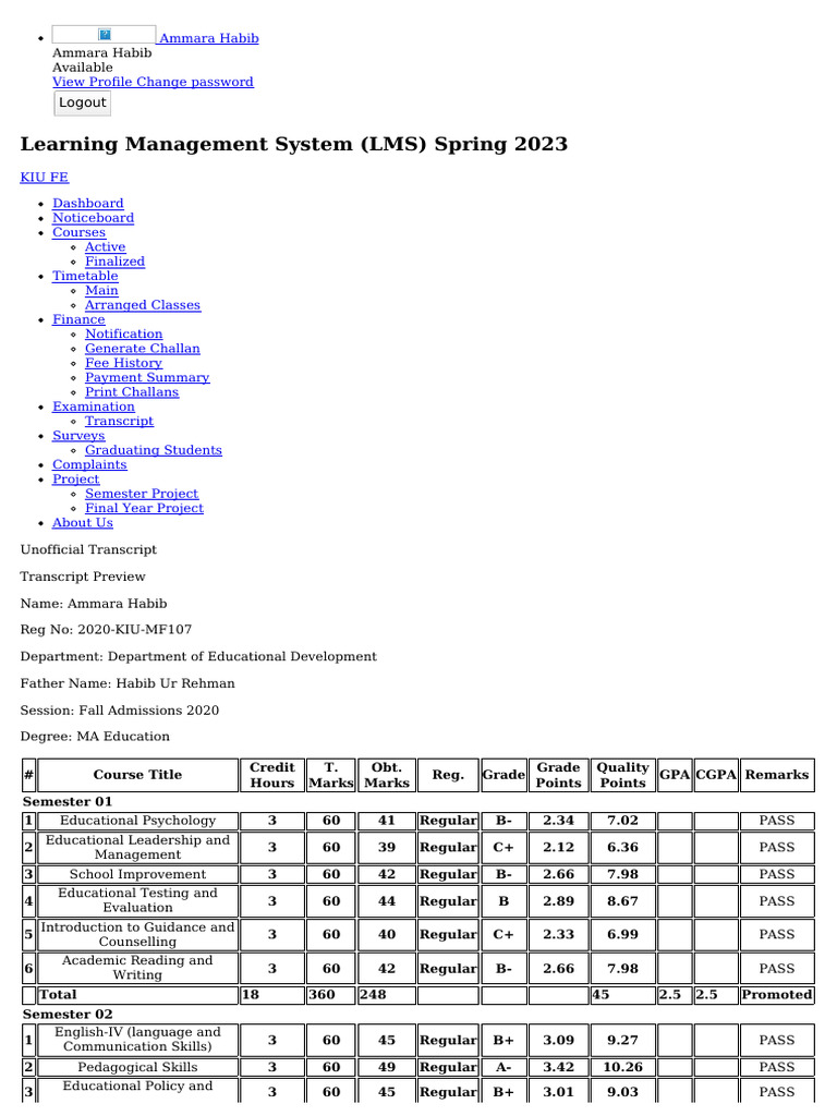 Student Preview Transcript - KIU LMS | PDF