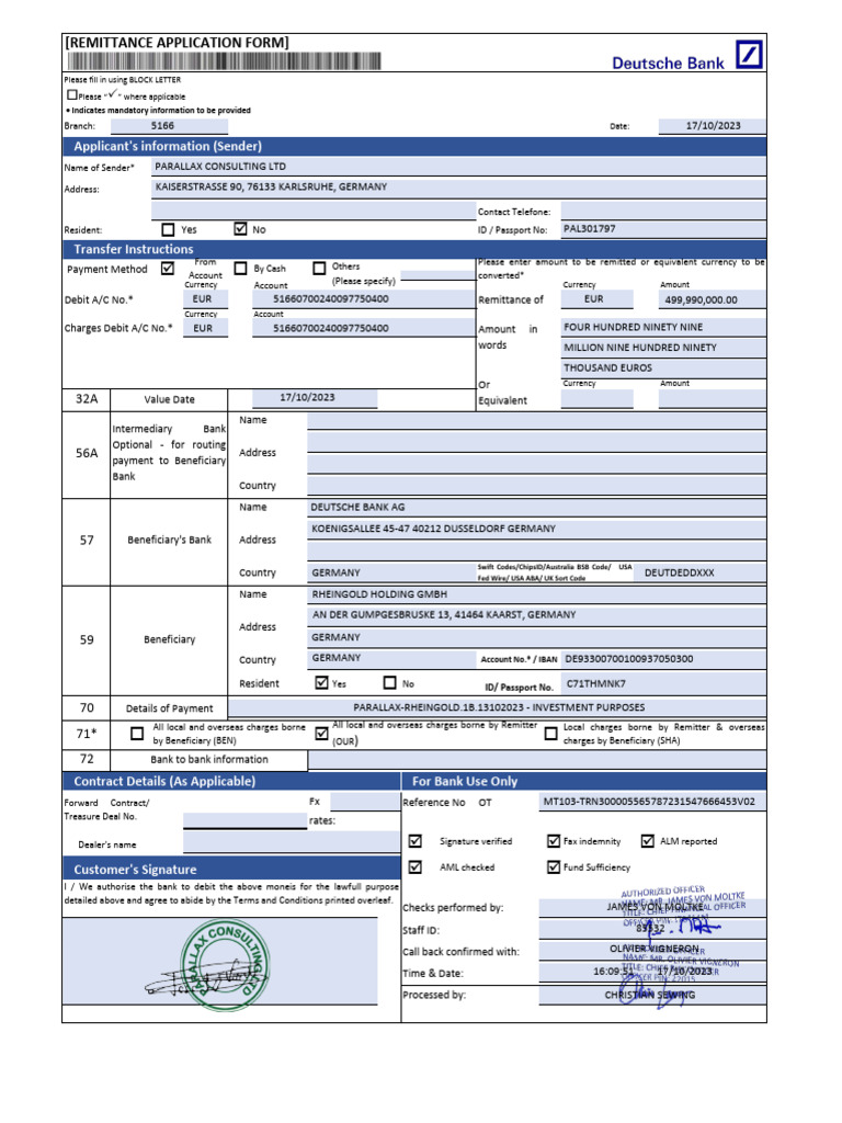 171023 499,9m Remittance Form Db | PDF | Banks | Euro