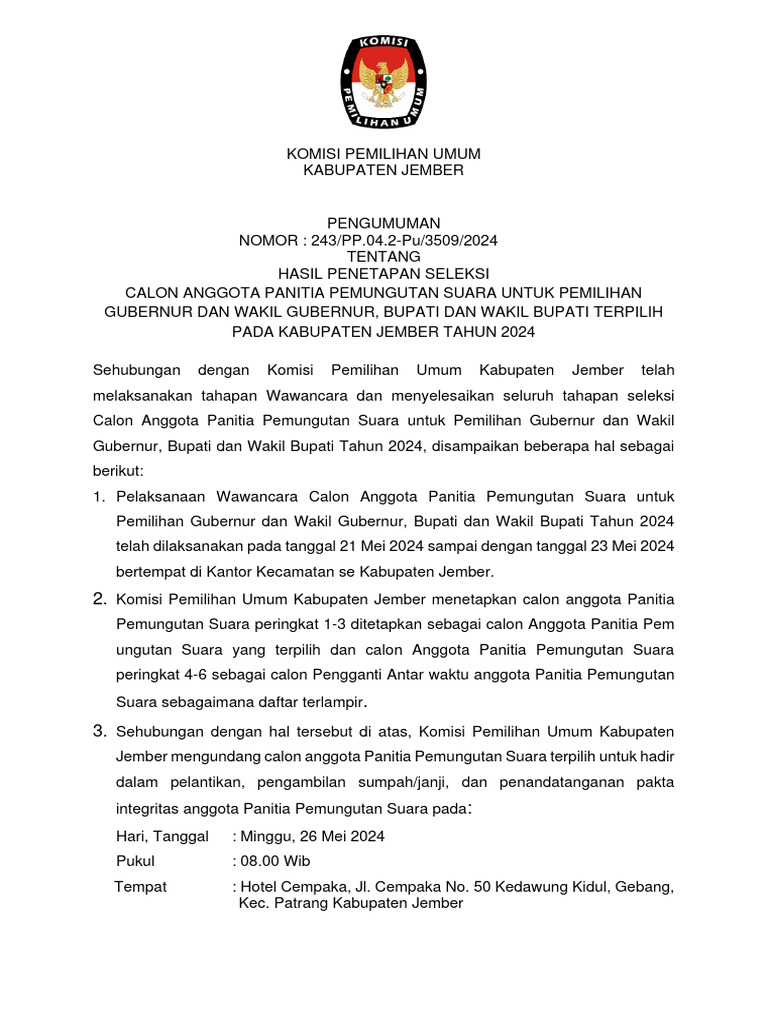 Pengumuman PPS Terpilih Pilkada 2024 Kabupaten Jember | PDF