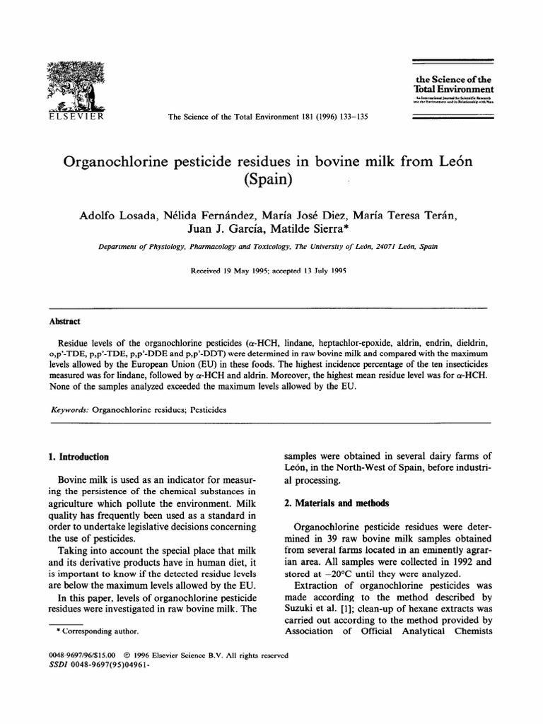 Organochlorine Pesticide Residues in Bovine Milk From Le6n (Spain) | PDF | Toxicology ...