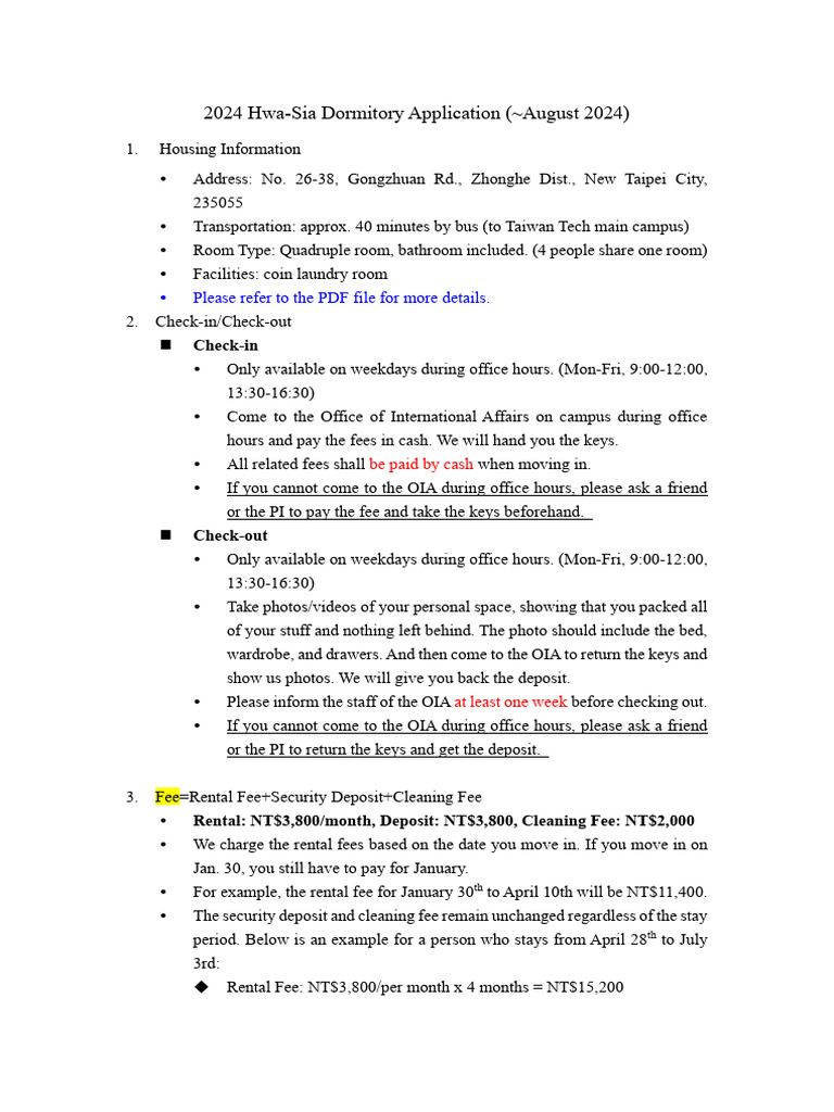 Dorm Instructions For Short-Term Students | PDF | Fee