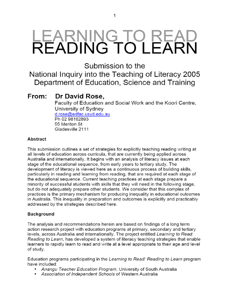 Learning To Read, Reading To Learn - David Rose - TOAZ - Info | PDF