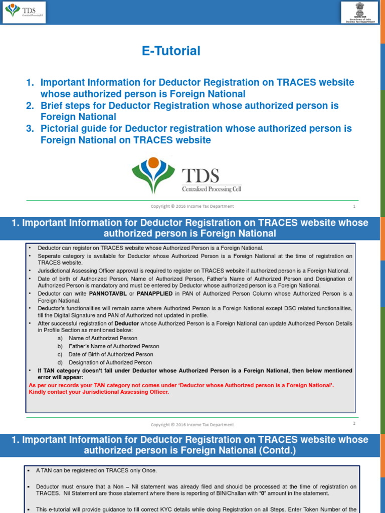 E-Tutorial - Deductor Registration and Login Whose Authorised Person is a Foreign National | PDF ...