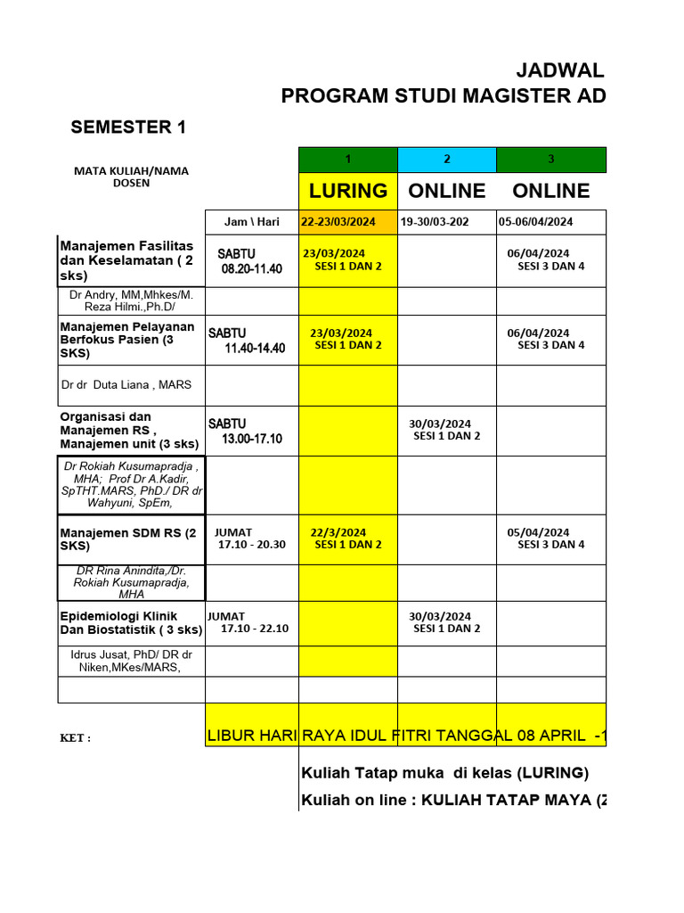 Jadwal Kuliah Magister MARS Semester I | PDF