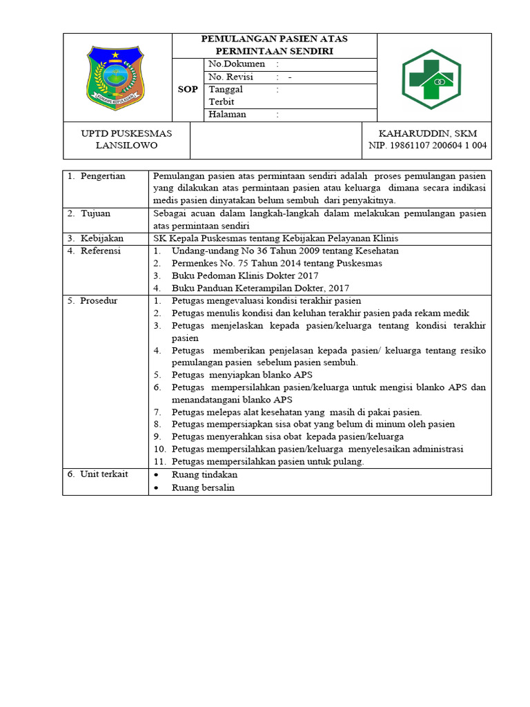 Sop Pemulangan Pasien Aps | PDF