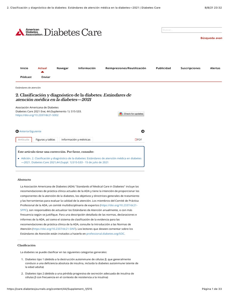 Clasificación y diagnóstico de la diabetes- ADA 2021 | PDF | Diabetes ...
