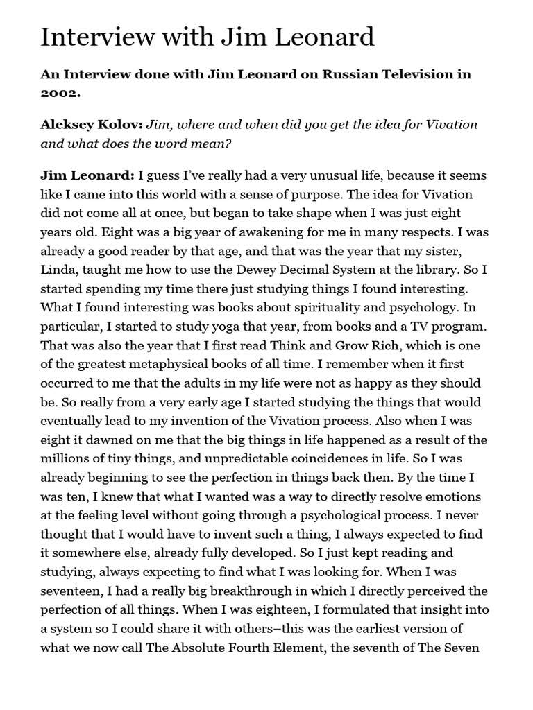 Interview: Jim Leonard on Vivation | PDF | Meditation | Feeling
