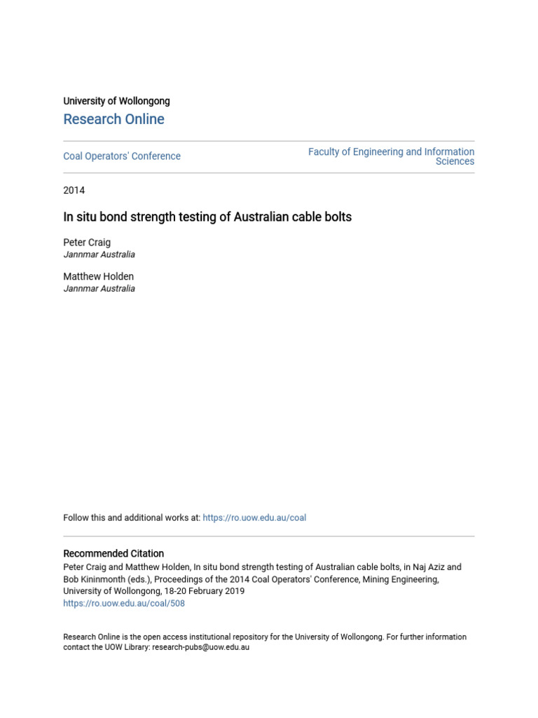 In Situ Bond Strength Testing of Australian Cable Bolts | PDF | Wire ...