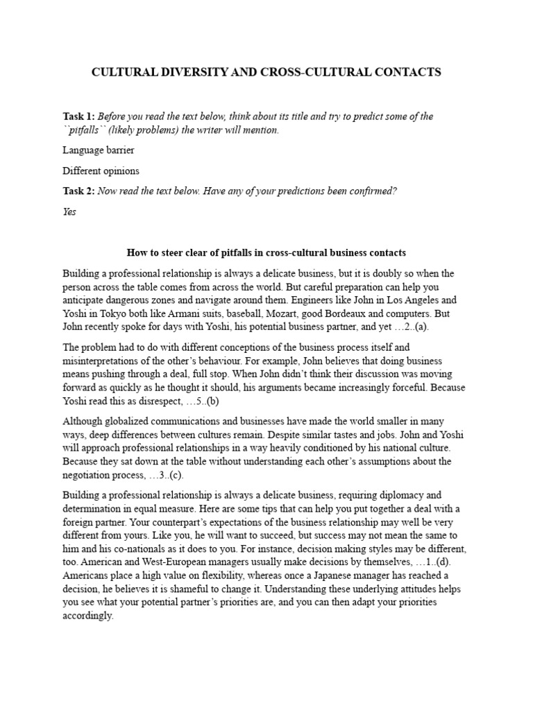 S4 - Cultural Diversity and Cross-Cultural Contacts | PDF ...