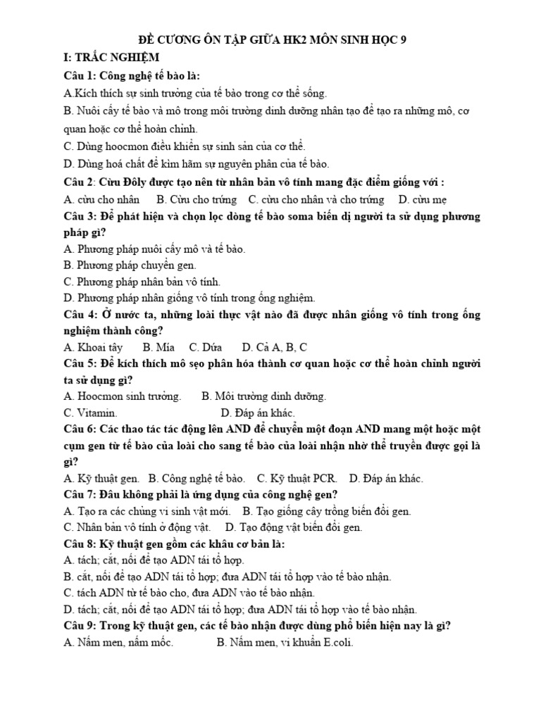 đề cương giữ hk 2 sinh 9 | PDF