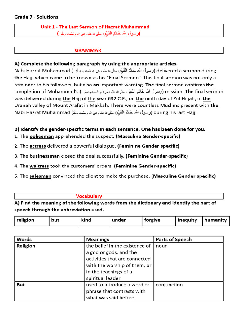 Grade 7 Unit 1 Solutions | PDF | Prophets And Messengers In Islam | Usury